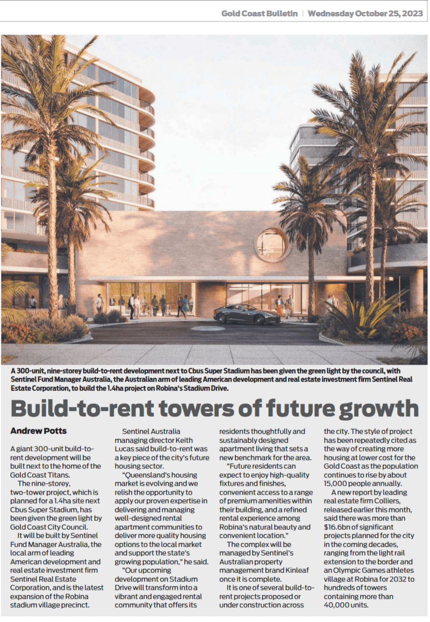 Sentinel Receives Development Approval for 300-Apartment Build to Rent Community in Gold Coast ...